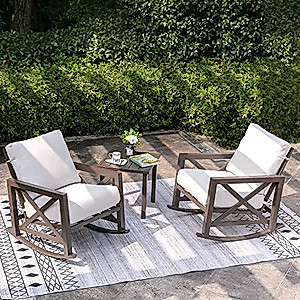 NATURAL EXPRESSIONS Rocking Bistro Set, 3 Piece Outdoor Patio Conversation Furniture Set with 2 Rockers and 1 Metal Coffee Table with Thick Cushions for Backyard,Porch,Poolside,300lbs Weight Capacity