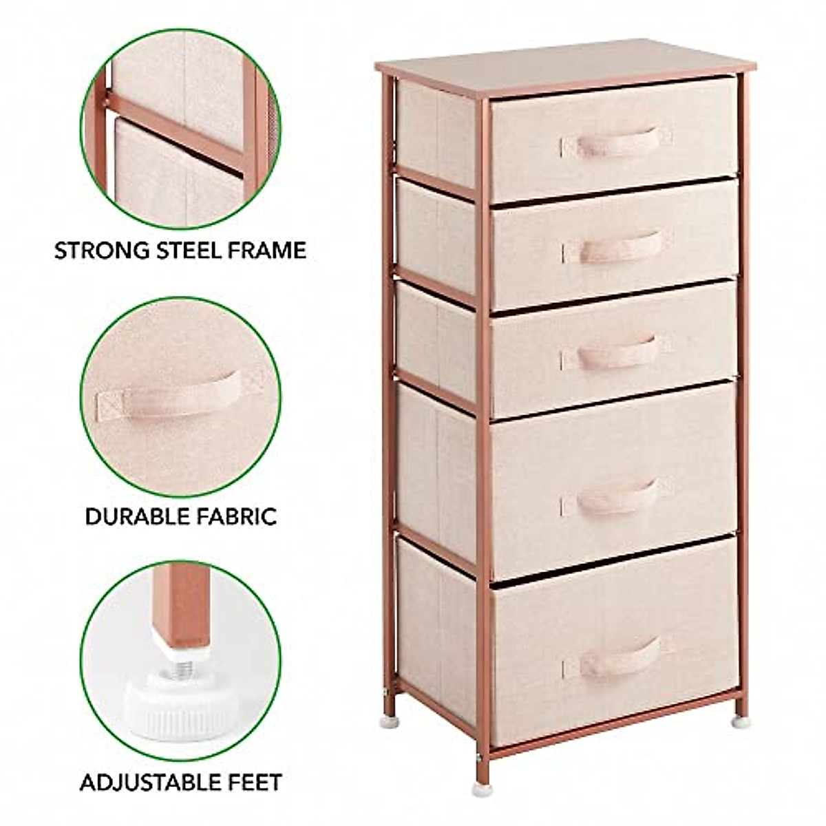 mDesign Storage Dresser Furniture Unit - Tall Standing Organizer Tower for Bedroom, Office, Living Room, and Closet - 5 Drawer Removable Fabric Bins - Light Pink/Rose Gold