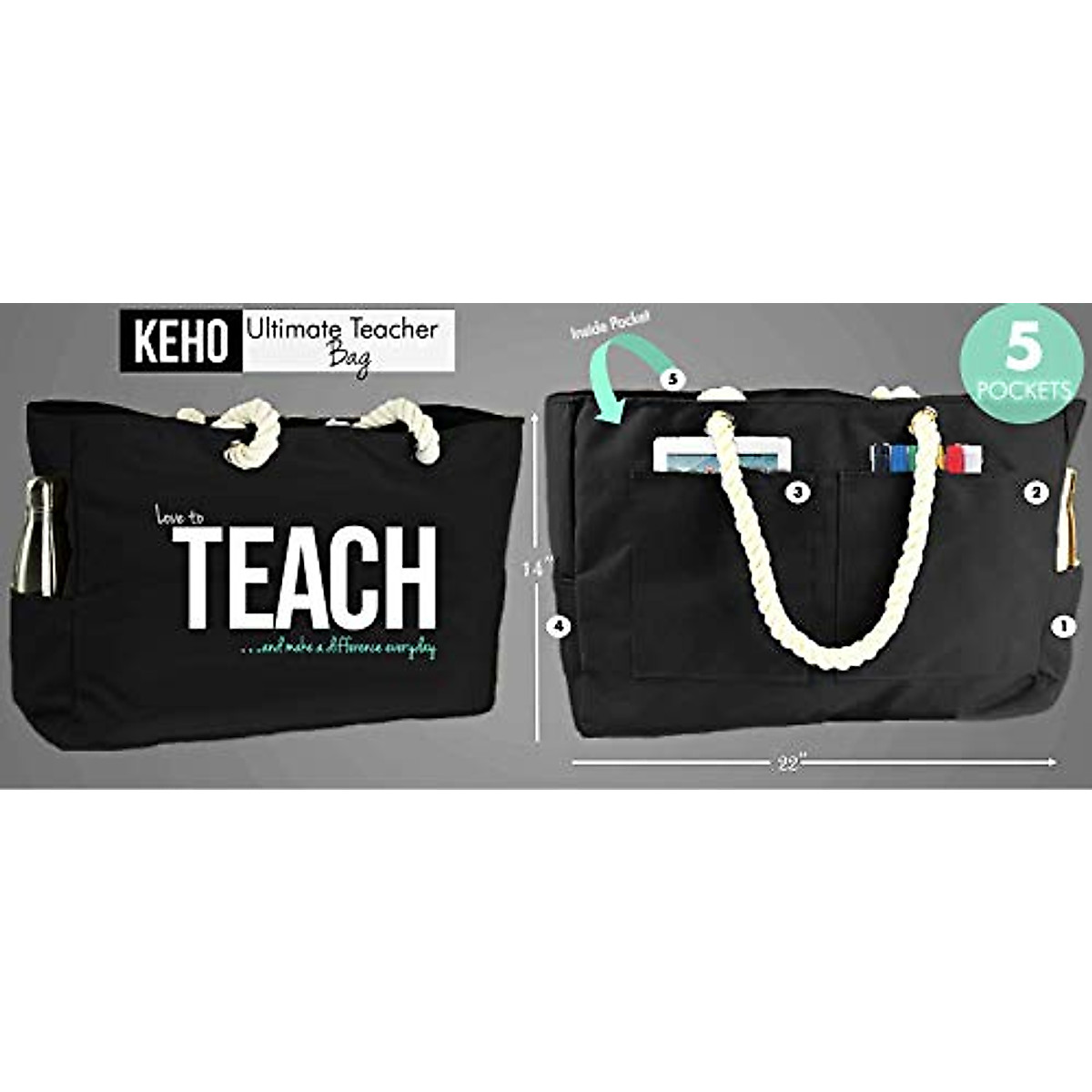 Keho XXL Ultimate Teacher Waterproof Multi Pocket Tote Shoulder Bag (Huge) - Perfect Usable Gift for Teacher Appreciation, Comfy Rope Handles & Perfect Work Bag