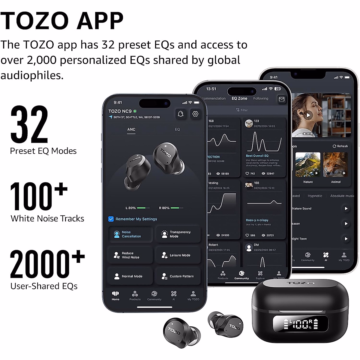 TOZO Hybrid Active Noise Cancelling Wireless Earbuds, 6 Mics ENC Clear Call, IPX8 Waterproof, in Ear Bluetooth 5.3 Headphones Stereo Bass Ear Buds 59H Playtime with LED Display 32 EQs via APP