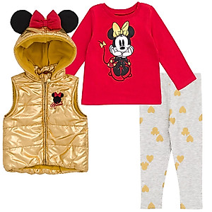 Disney Minnie Mouse Infant Baby Girls Zip Up Vest Puffer T-Shirt and Leggings 3 Piece Outfit Set Red/Yellow 18 Months