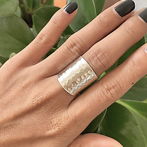Hammered Sterling Silver Handmade Classic Wide Band Boho Statement Ring, Shiny Finish Wrap Band Adjustable to Sizes 6-12, Also as Thumb Ring, Gift for Her