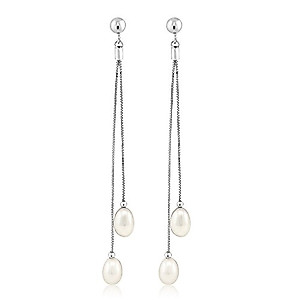 Gem Stone King 925 Sterling Silver Cultured Freshwater Pearl Drop Dangle Long Earrings For Women (Pearl Size: 7-7.5MM, Length: 3 Inch)