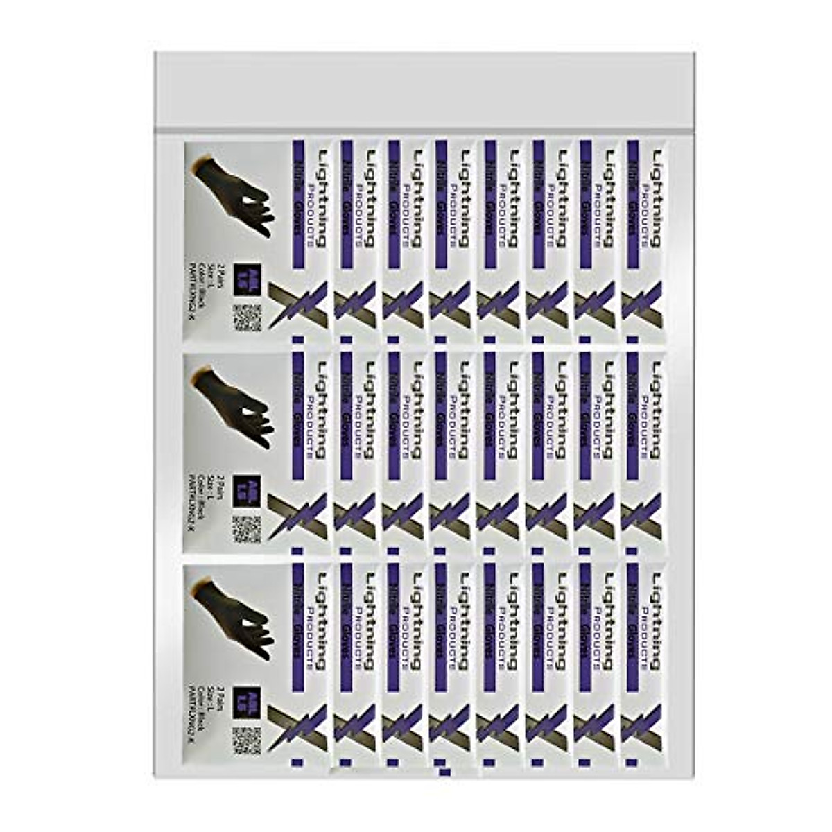 Lightning X Black Nitrile Glove Pairs, Individually Packed, 100 Gloves, 50 Pairs, 25 Carded Packs of 2 Pairs - Large