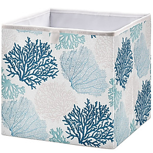 visesunny Closet Baskets Vintage Blue Coral Storage Bins Fabric Baskets for Organizing Shelves Foldable Storage Cube Bins for Clothes, Toys, Baby Toiletry, Office Supply