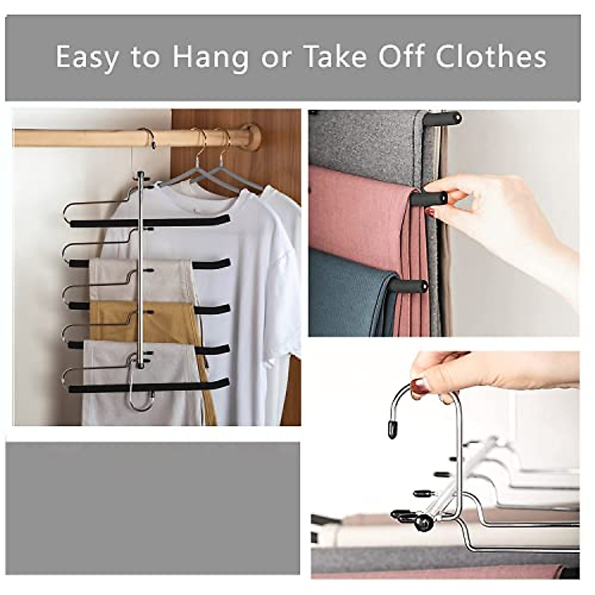Pants Hangers Space Saving,5 Layers Pants Hangers with Non-Slip Foam Padded Swing Arm Trousers Hangers Heavy Duty Multi-Layer Pants Hangers Rack for Jeans Trousers Skirts Scarf(2 Pack)