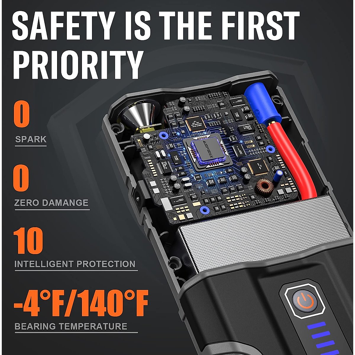 ASPERX AX2500 Car Jump Starter, 2500A Peak Battery Starter for 10L Gas or 7.3L Diesel Engines, 12V Auto Battery Booster, Lithium Jump Box with USB QC3.0, Jump Pack with Built-in LED Light