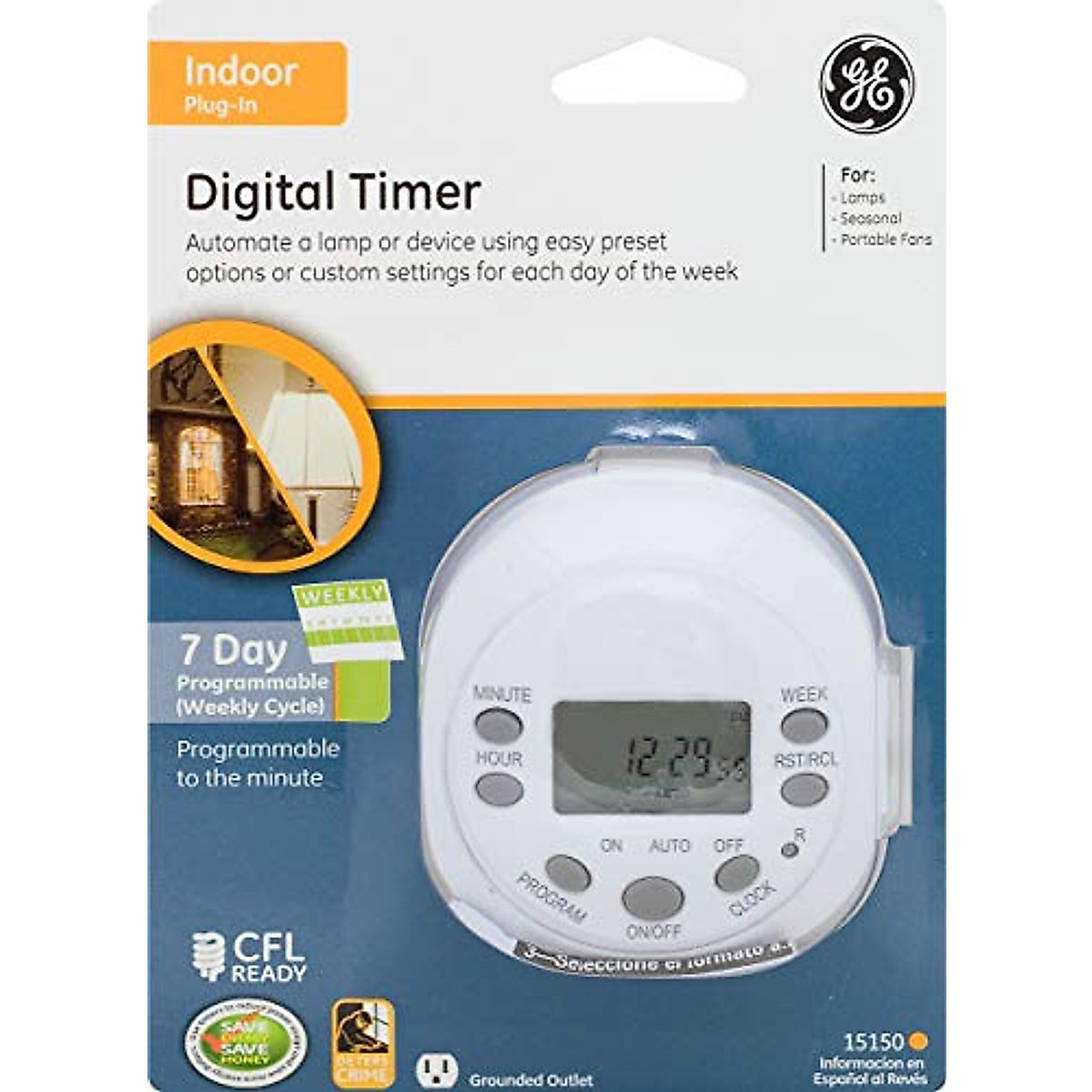 GE 7-Day Programmable Indoor Digital Timer, 1 Grounded Outlet Timer, Weekly / 7 Day Cycle Timer Plug, Timer For Electrical Outlets, 125 VAC Light Timer, Plug Timer, Lamp Timer, White, 1 Pack, 15150