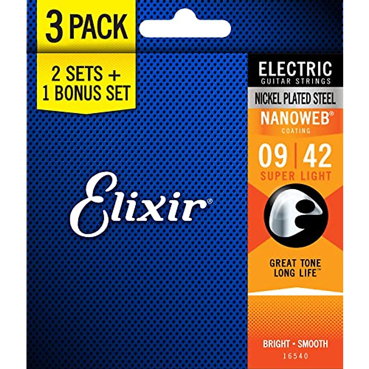 Elixir® Strings 16540 Electric Guitar Strings with NANOWEB® Coating, 3 Pack, Super Light (.009-.042)