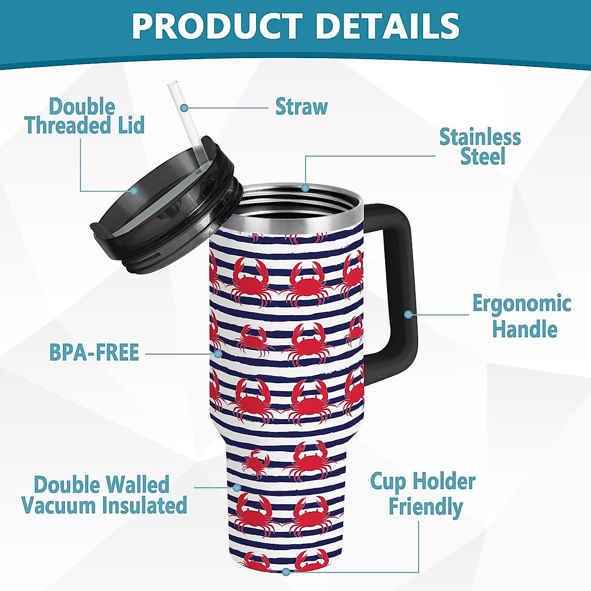 SDMKA 30oz Stainless Steel Tumbler with Straw and Handle, Vacuum Insulated Double-Walled Travel Mug, BPA-Free Leakproof Cup for Hot/Cold Beverages, Red Crabs Stripes
