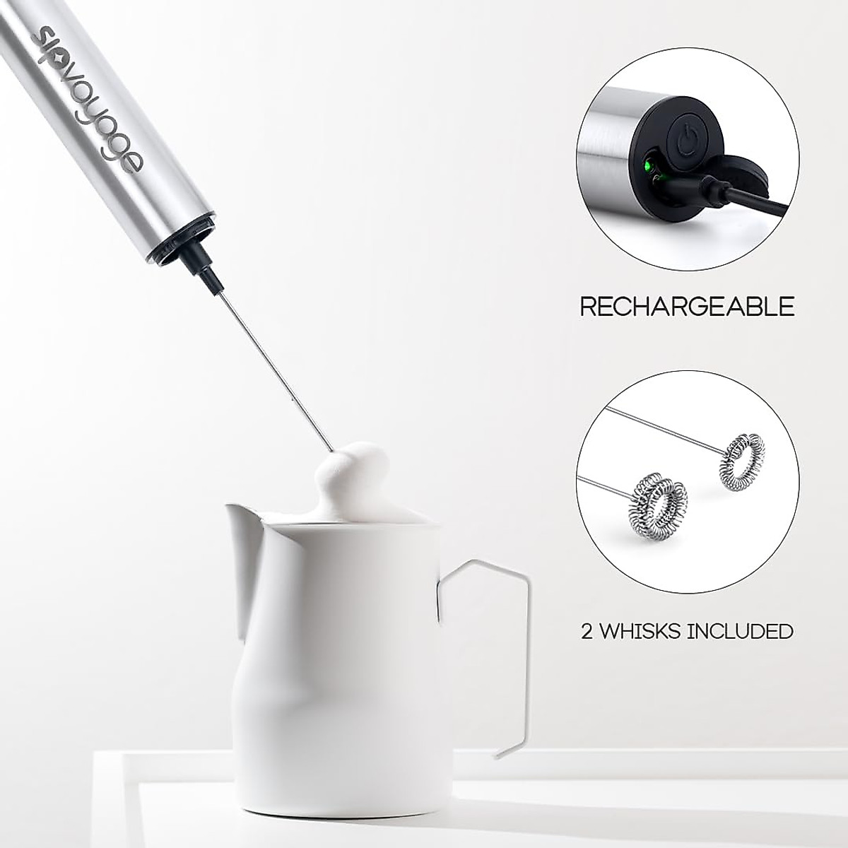 Rechargeable Milk Frother Handheld - 2 Whisks/2 Speed Coffee Frother Rechargeable - One Touch Drink Mixer, Hand Held Frother Wand, Nano Foam Maker for Lattes, Matcha, & Butter, Coffee Stirrers