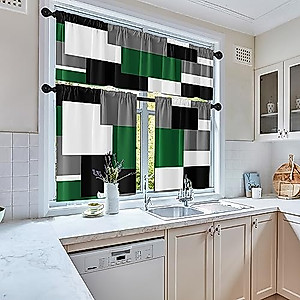 Tayney Green Geometric Kitchen Curtains Checkered Window Curtains and Valances Set 36 Inch, Black Grey White Short Tier Curtain for Kitchen, Modern Abstract Small Kitchen Decor