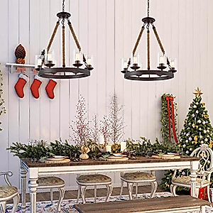 LNC Farmhouse Chandelier, Round Wagon Wheel 6-Light Fixture with Clear Glass Shades for Dining Room, Living Room, Bedroom, Kitchen Island and Foyer