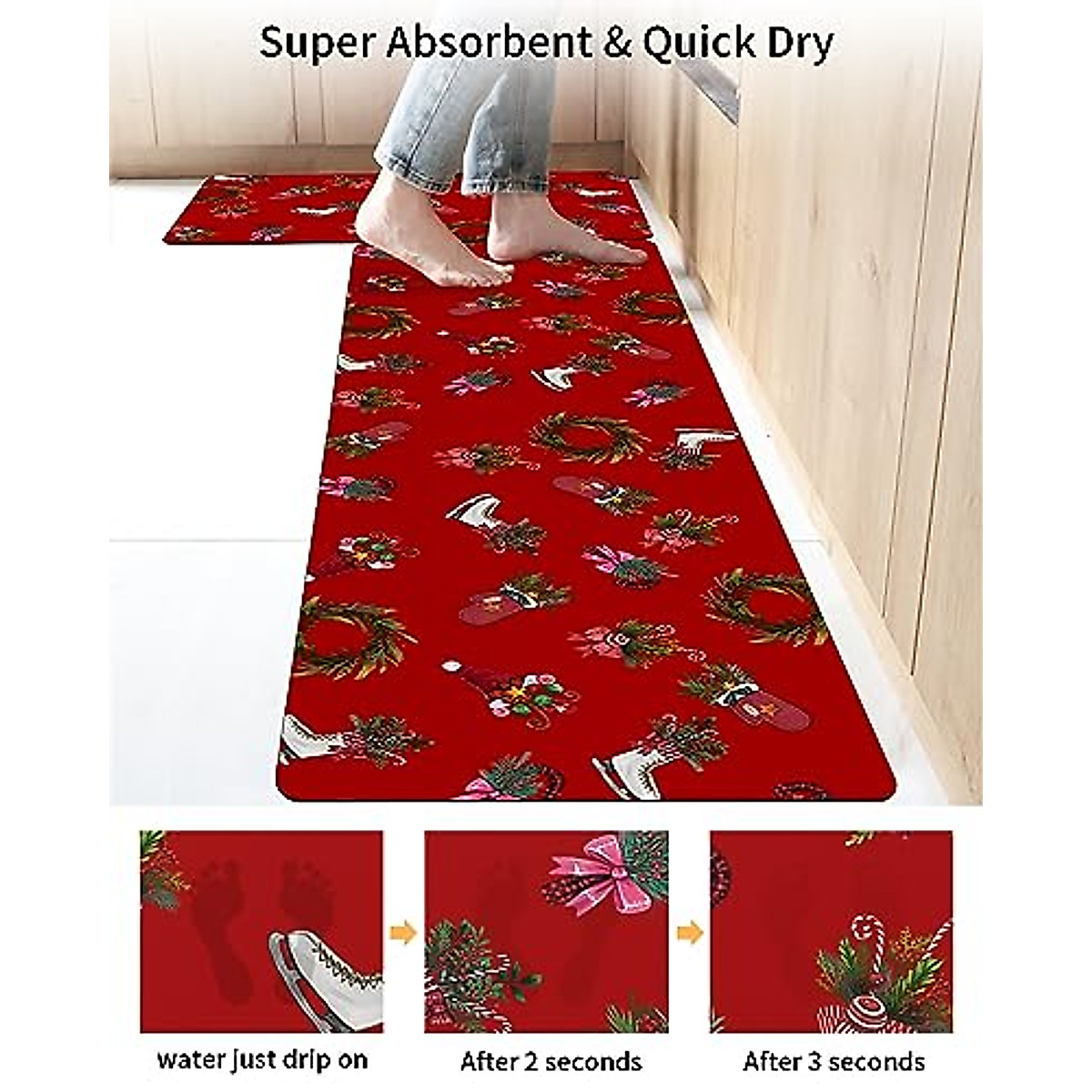Christmas Bath Mat for Tub,Non Slip Bathroom Floor Runner Rug Quick Dry & Absorbent Diatomaceous Earth Shower Sink Bedroom Kitchen Washable Doormat,Red Candy Cane Pine Tree Berry Wreath 18x30+18x48