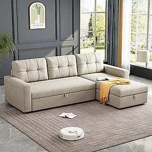 Ball & Cast 81.5" Convertible Sectional Sleeper Sofa, L-Shaped Upholstered Pull Out Couch Bed with Storage Recliner & Removable Back Cushions, Beige