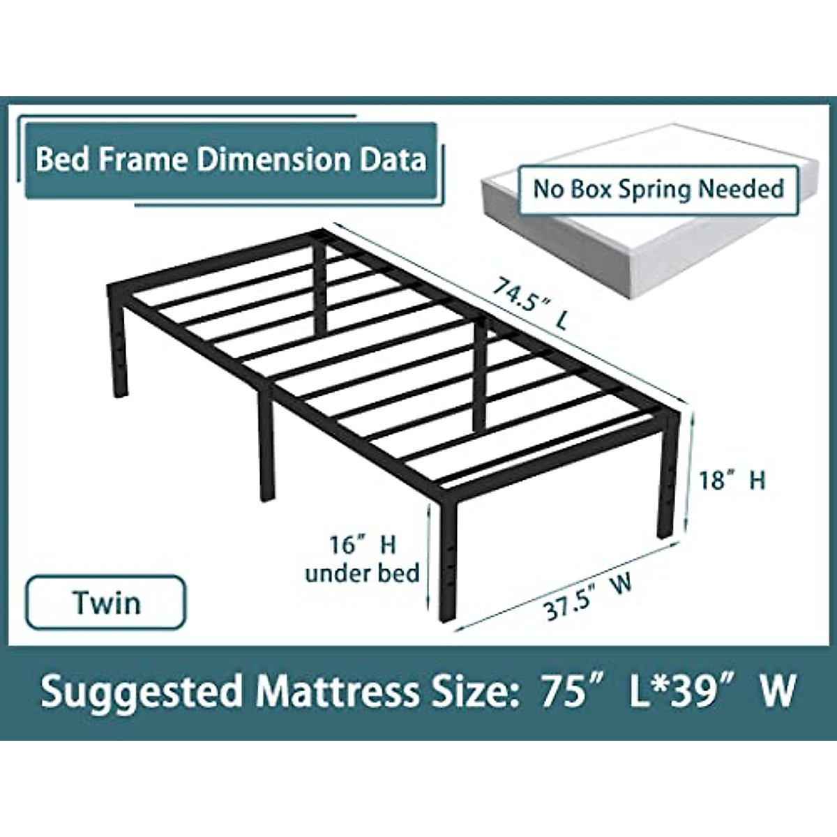 Rooflare Twin Size Bed Frames 18 Inch Tall Max 3500lbs Heavy Duty Metal Twin Size Platform for Boys Girls Kids No Box Spring Needed Black Easy to Assemble-Black