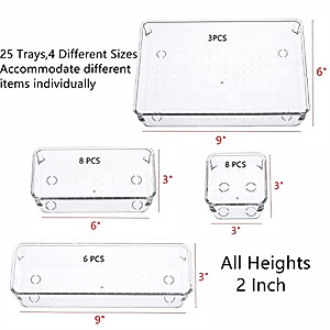 Cq acrylic 25 PCS Clear Plastic Drawer Organizers Set,4 Sizes Desk Drawer Dividers Trays Dresser Storage Bins Separation Box for Makeup, Jewelries and Gadgets,Bedroom,Bathroom,Office