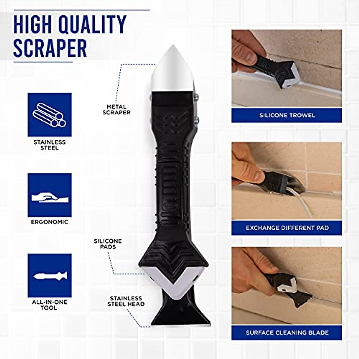 MIH TOOLS Caulking Tool Kit-[34 Pcs] 3 in 1 Silicone Caulking Tools, Grout & Caulk Remover Scraper, Sealant Finishing, Stainless Steelhead, Glass Glue Angle Scraper for Kitchen, Bathroom Floor, Window