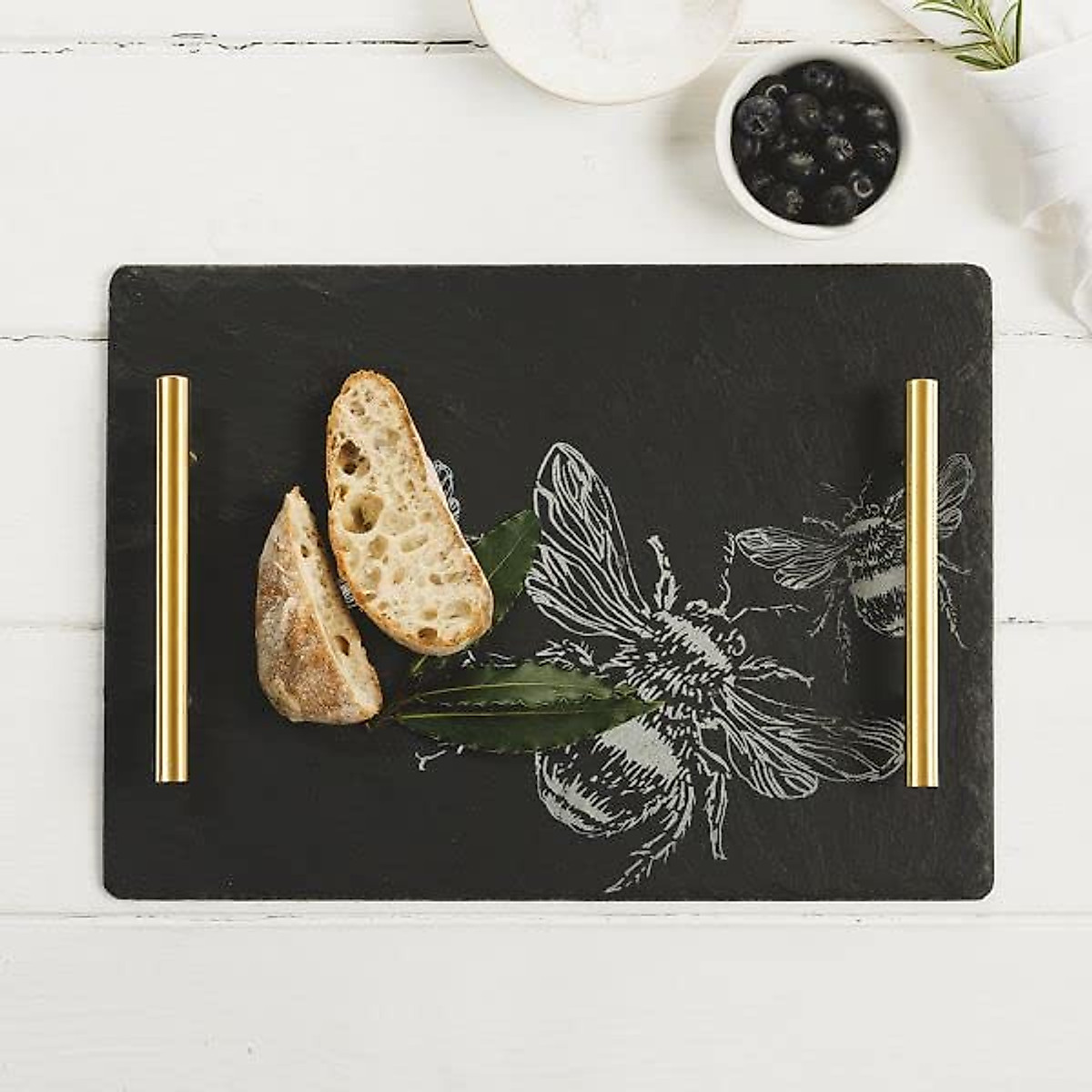 The Just Slate Company Handcrafted Slate Rectangle Serving Tray, Gold Handles, Laser Etched Bee Trio Design, Medium