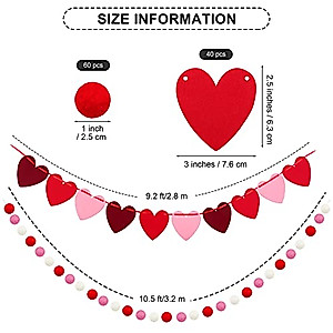 Fovths 6 Pack Valentines Day Garland Set 60 Balls Felt Garland and 40 Pieces Felt Heart Garland Banner Red Pink White Pom Pom Garland for Valentine Day Decorations, No DIY