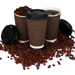 Promora Brown Disposable Coffee Cups With Lids 16 oz, Premium Insulated Paper Ripple Cups for Hot Coffee, Paper Cups 16 oz Coffee Cups 16 oz, Hot Cups With Lids 16 oz, Paper Coffee Cups (80 Pack)