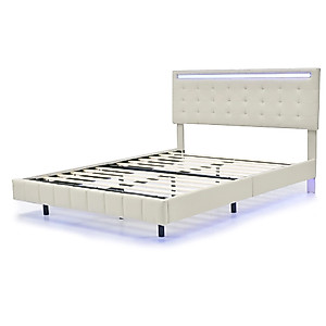 BIADNBZ Queen Size Floating Bed with LED Lights and USB Charging,Modern PU Leather Upholstered Low Platform Bedframe with Headboard for Bedroom Guest Room,Wooden Slat Support,Beige