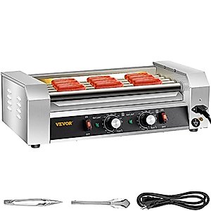 VEVOR Hot Dog Roller, 12 Hot Dog Capacity 5 Rollers, 750W Stainless Steel Cook Warmer Machine with Dual Temp Control, LED Light and Detachable Drip Tray, Sausage Grill Cooker for Kitchen Restaurant