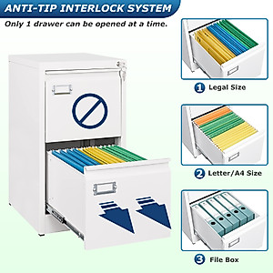 AFAIF 2 Drawer File Cabinet with Lock, Cabinets for Home Office,18/'' Deep Vertical Metal White Office Storage Organizer Letter/Legal / A4 F4 Size, and Folders, 2 Drawer-white