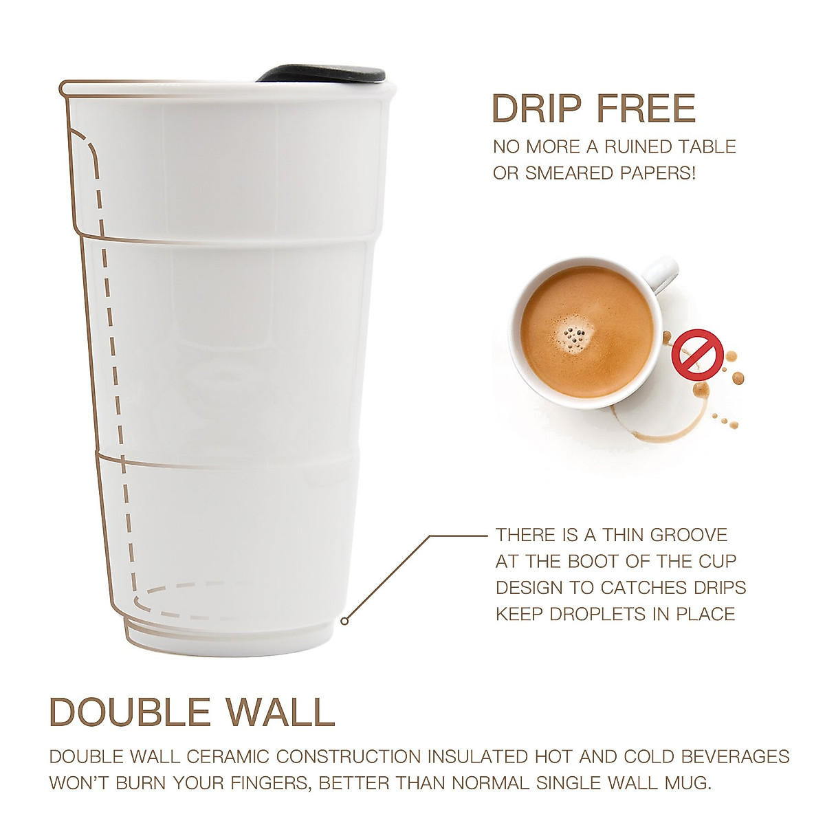 UDMG Ceramic Double Wall Insulated Travel Coffee Cup with Slider Lid, Silicone Sleeve & Built-in Coaster, 10 fl.oz (Coffee)
