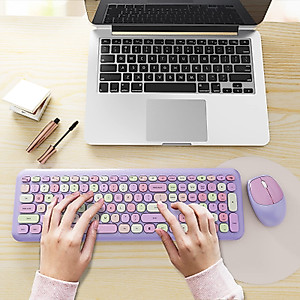 Wireless Keyboard and Mouse Combo, Colorful Ergonomic Full Size Retro Low-Noise Keyboard with Cute keycaps, Compatible with Windows, PC, Perfer for Home and Office Keyboards (Purple)