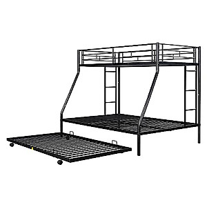 BIADNBZ Twin Over Full Bunk Bed with Trundle, Metal Triple Bunkbeds Frame with Two Ladders and Guardrails, for Kids/Teens Bedroom, Black