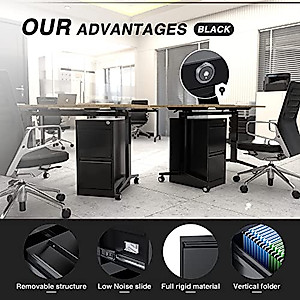 Reemoon Metal File Cabinet with Lock, Drawers Vertical Filing Stoage Cabinets for Home Office, Small and Narrow Filing Cabinet for Hanging Letter/Legal/A4 Folders (Black, 2 Drawers)