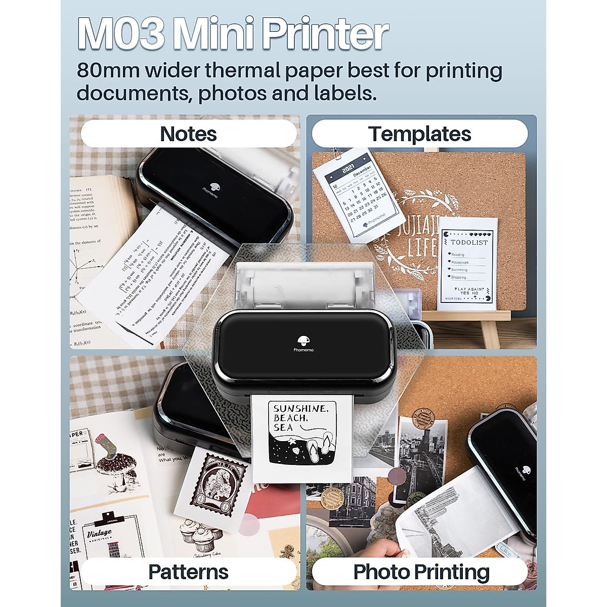 Memoqueen M03 pocket printer - Mini Thermal Printer Bluetooth Mobile Portable Printer Sticky Note Printer Photo Printer, Compatible With 53mm(2inch)/80mm(3inch) Paper, Best for notes, photo&list,white