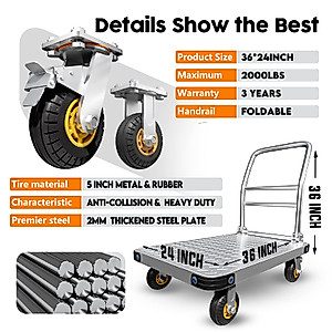Heavy Duty Platform Truck Flat Moving Cart Hand Trucks,2000Lbs Steel Push Cart Dolly, 36 x 24in Large Flatbed with 5'' 360 Degree Swivel Wheels for Easy Storage