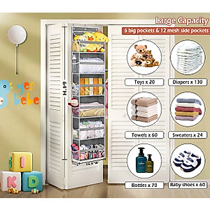 MISSLO Over the Door Organizer Hanging Storage with 6 Large Pockets 12 Side Pockets Closet Door Organizer Heavy Duty Baby Organization for Bathroom, Pantry, Bedroom, Nursery, Clothes, Toys, Diapers
