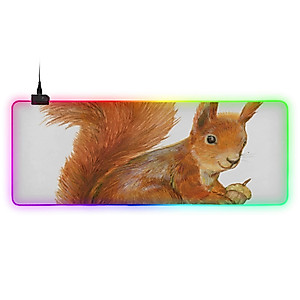 Large RGB Gaming Mouse Pad Squirrel Acorn On White Glowing Extended Mousepad 31.5x11.8in, Soft Anti-Slip Rubber Base Luminous Mouse Mat for Pc Laptop, Gaming, Office, Home