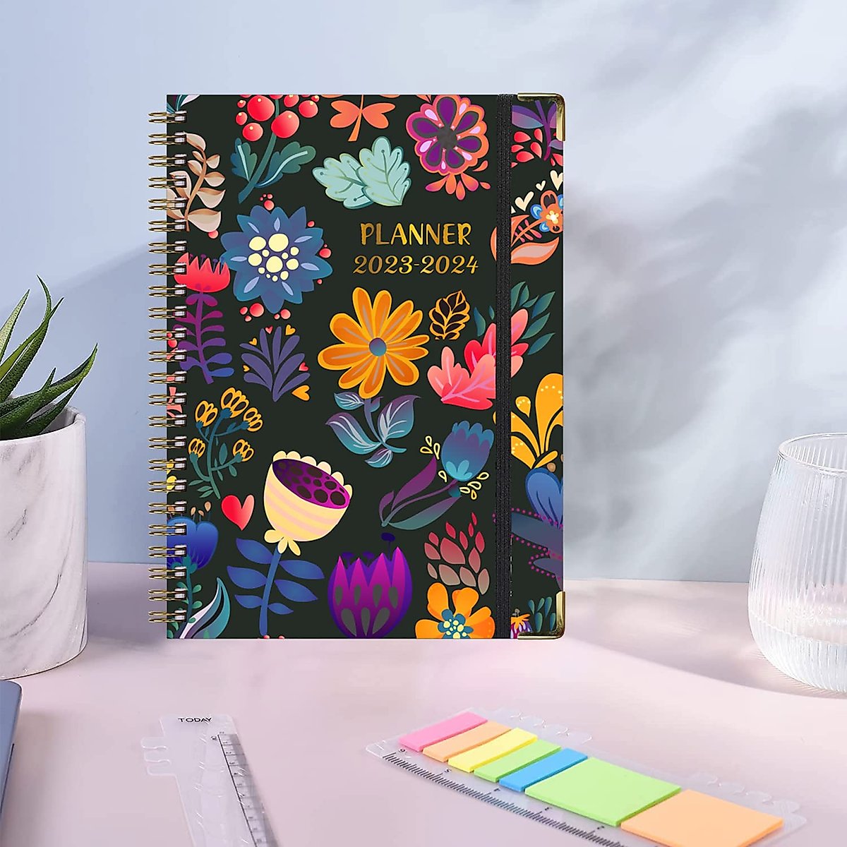 2023 Planner, Jul. 2023 – Jun. 2024, Academic Planner 2023-2024, 8.4" x 6.2" with Weekly ＆ Monthly Spread, Spiral Planner Notebook, Elastic Closure, Inner Pocket, Coated Tabs, Floral