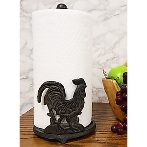 Ebros 13.5" Tall Cast Iron Metal Rustic Vintage Proud Farm Rooster Chicken with Scroll Art Design Paper Towel Holder Display Dispenser Stand Counter Top Kitchen Bathroom Home Decor Aged Bronze Finish