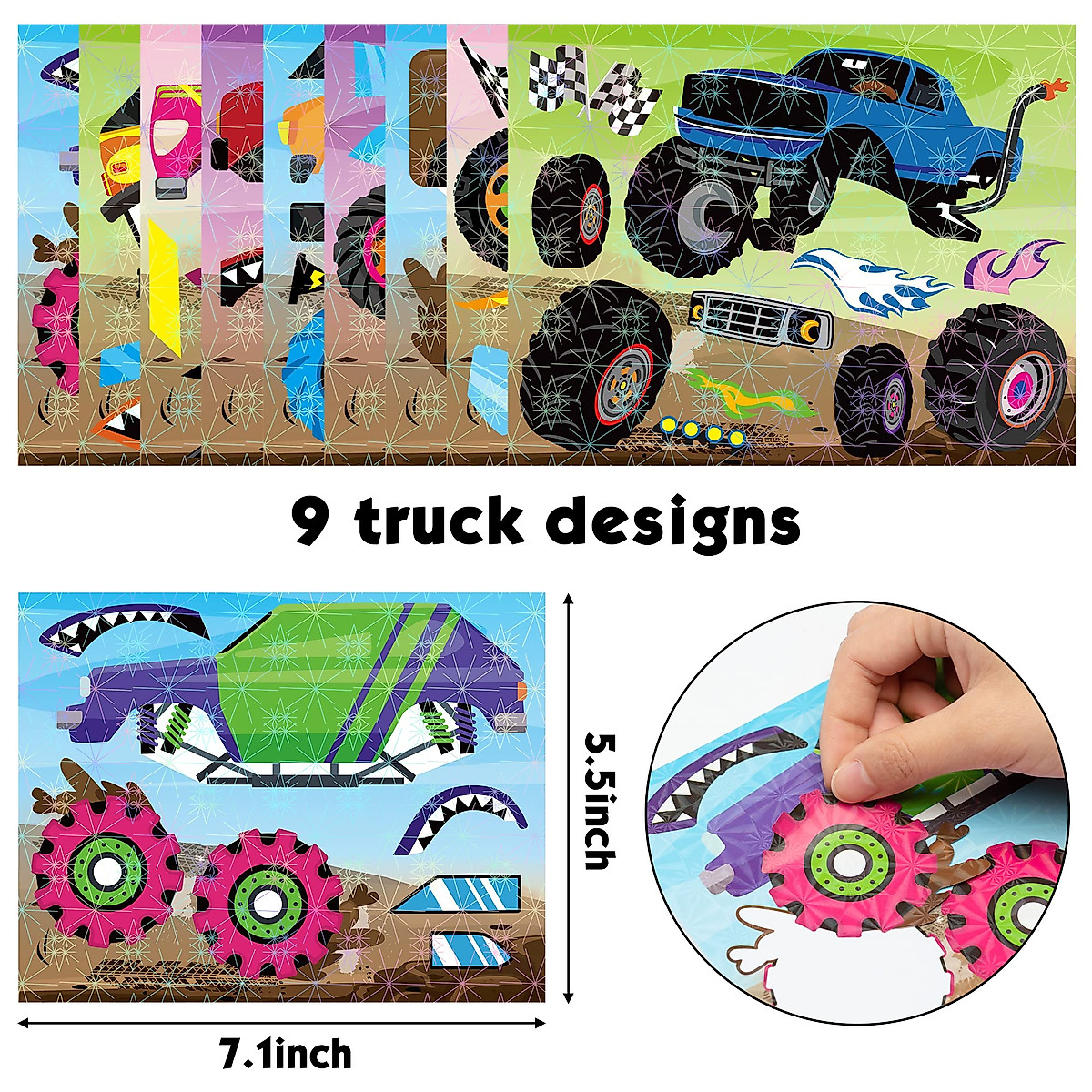 Haooryx 45 Sheet Make Your Own Monster Truck Stickers Truck Make-a-Face Holographic Sticker Car DIY Shiny Stickers Games for Kid Fun Craft Project Monster Truck Themed Birthday Party School Supplies