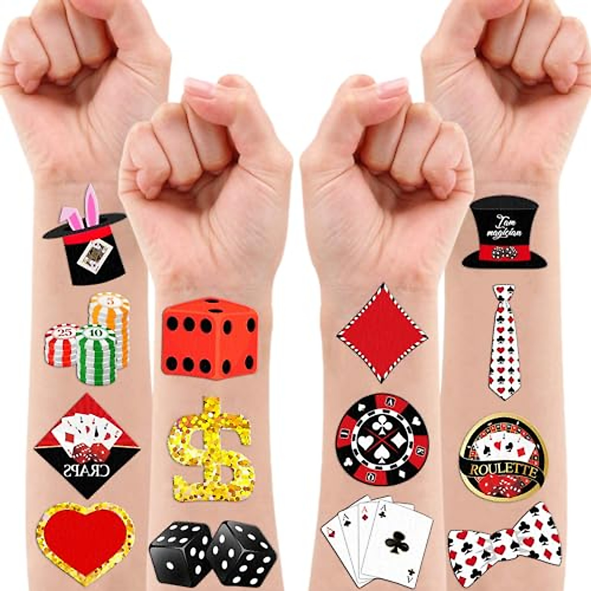 Casino Theme Temporary Tattoos Birthday Party Decorations Favors Decor Supplies Cute Tattoo Stickers 8 Sheets 96 PCS Gifts for Kids Boys Girls Games Classroom Rewards Prizes Carnival Christmas