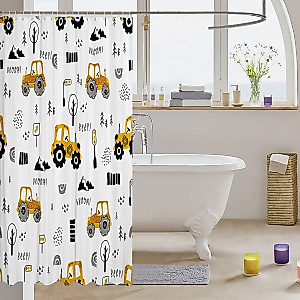 Construction Shower Curtain 72"Wx78"L,Cartoon Car Vehicles Bath Curtain for Toddler Kids,Retro Tractors Trucks Bathroom Curtain,Kawaii Yellow White Home Stalls Bathtubs Decor Boys Truck Room Decor
