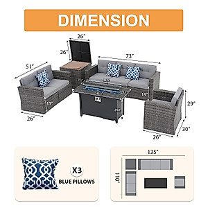 JOIVI 8 Pieces Patio Furniture Set with Fire Pit Table, Outdoor Patio Conversation Set, PE Wicker Sectional Sofa Set with Storage Box for Garden, Poolside, Backyard, 3 Blue Pillows Included, Grey