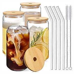 Grippystore -4pcs Glass Cup w/lids straws and Cleaning brushes perfect for drinks hot or cold dishwasher safe