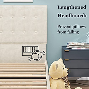 LIKIMIO Twin Bed Frame with XL Under-Bed Drawer, Velvet Upholstered Platform Bed Frame with Headboard, No Box Spring Needed/Noise-Free, Beige