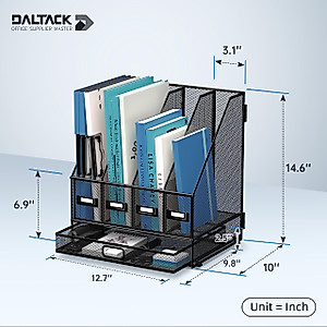 DALTACK Magazine File Holder, Desk Organizer with 4 Vertical File Holder and Drawer, Mesh File Organizer for Office Organization, Magazine Holder for Home Office School, Black