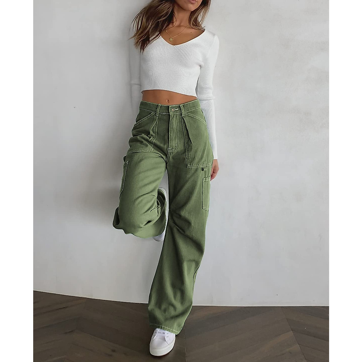 Dokotoo Cargo Pants Women High Waisted Baggy Wide Leg Dress Pants Women Womens TrousersPants Straight Leg Jeans for Women Trendy Baggy Y2K Trousers with Pockets Green