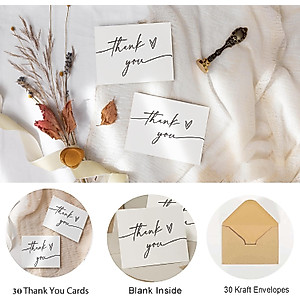 Thank You Cards with Envelopes 4 x 6, Minimalistic Design, Thank You Notes with Envelopes Set for Baby Shower, Wedding, Small Bussiness, Graduation,Bridal Shower,Bulk Pack of 30 (White)