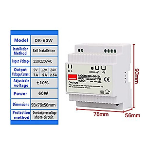 GUMMMY Industrial DIN Rail Switching Power Supply DR-30W 45W 60W Single Output 5V 12V 24V AC DC Converter Power Switch Input 110/240VAC (Color : 110V 220VAC, Size : 60W)