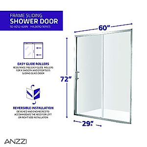 ANZZI 72 x 60 inch Framed Shower Door in Brushed Nickel, Halberd Water Repellent Glass Shower Door with Seal Strip Parts, Easy Glide Rollers Sliding Shower Door, SD-AZ052-02BN