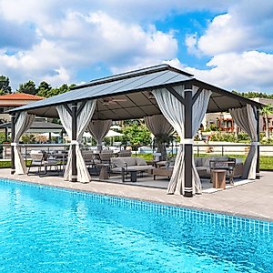 YOLENY 12x20FT Hardtop Gazebo, Permanent Outdoor Aluminum Patio Gazebo with Aluminum Composite Double Roof, Party Tents for Patio Lawn and Garden, Curtains and Netting Included